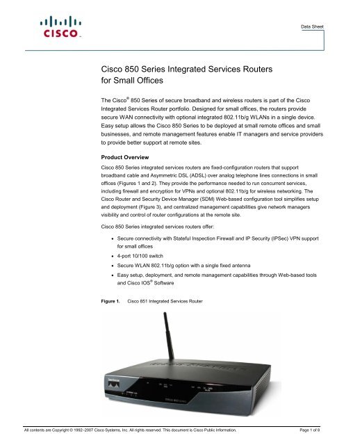 Cisco 850 Series Integrated Services Routers for Small Offices