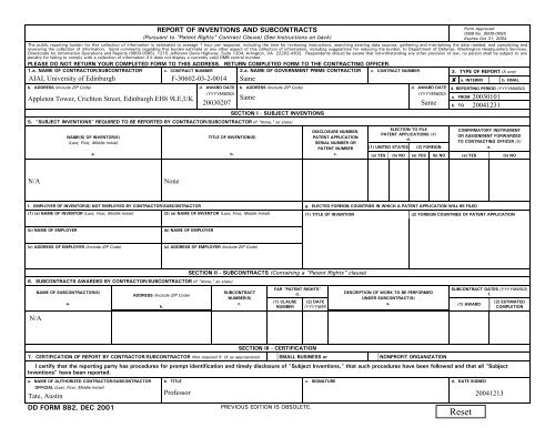 D D Form 882, Report of Inventions and Subcontracts, December ...