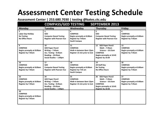 Assessment Center Testing Schedule - Bates Technical College