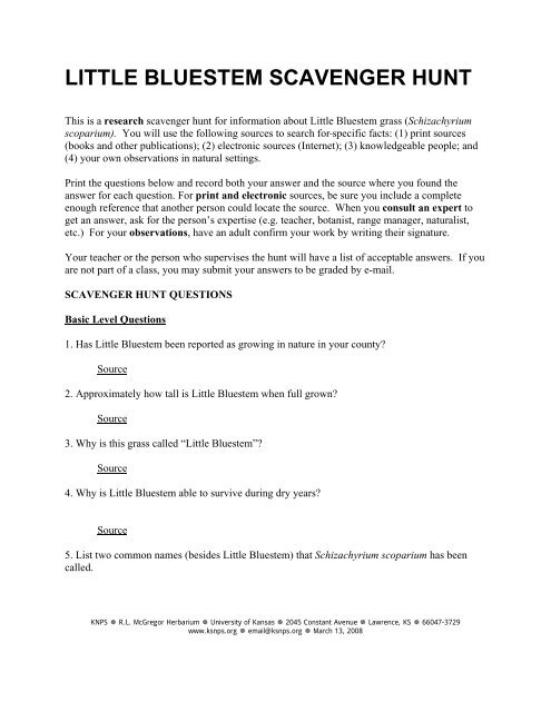 little bluestem scavenger hunt - Kansas Native Plant Society