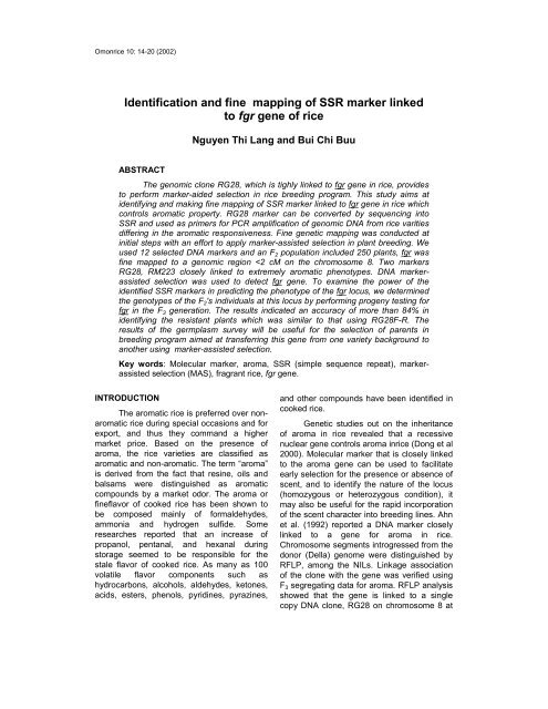 Identification and fine mapping of SSR marker linked to fgr gene of rice