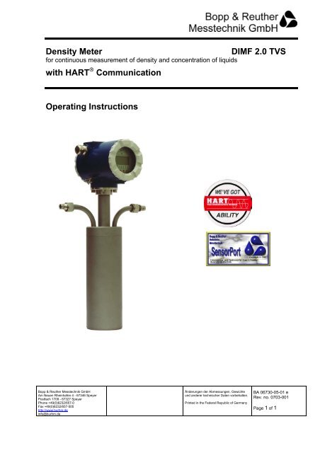 Density Meter DIMF 2.0 TVS with HART Communication Operating ...