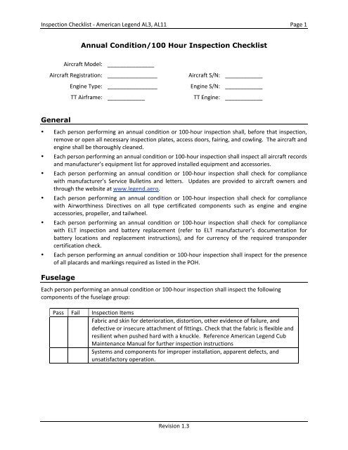 Inspection Checklist - American Legend Aircraft Company - The ...