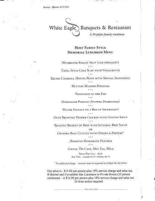 Memorial Lunch Menu - White Eagle Banquets