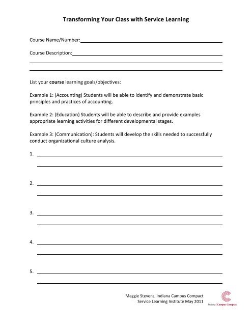 Transforming Your Class with Service Learningâ Worksheet