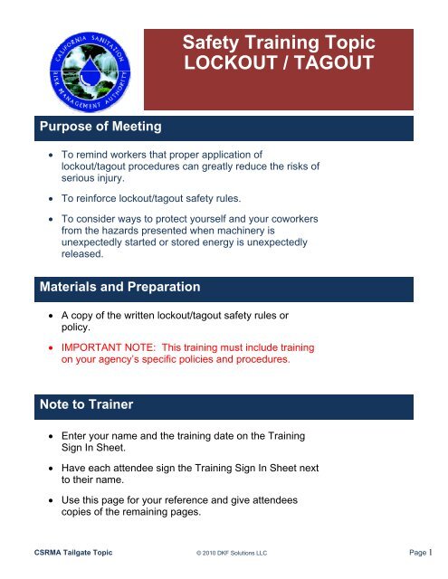 Safety Training Topic LOCKOUT / TAGOUT - Risk Control Online