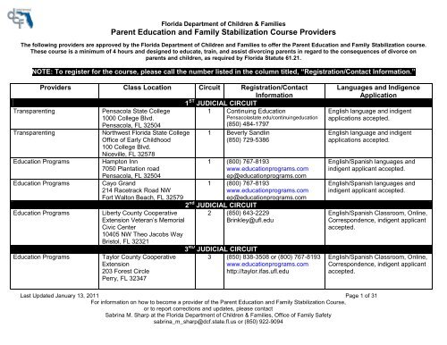 Parent Education and Family Stabilization Course Providers