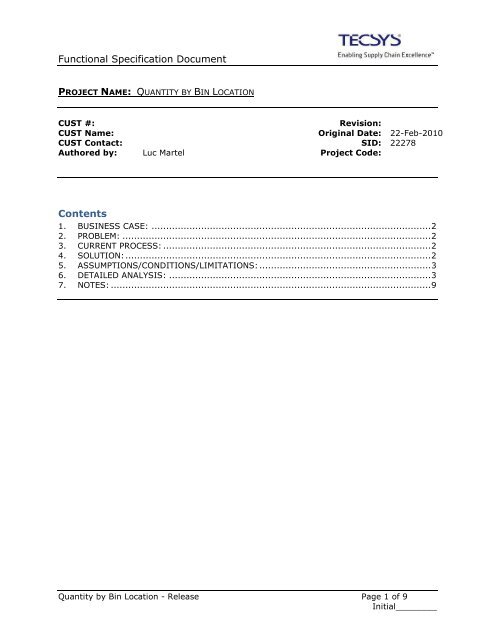 Functional Specification Document Contents