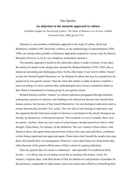 Robert Aunger (ed.) Darwinizing - Dan Sperber