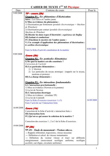 CAHIER DE TEXTE Physique