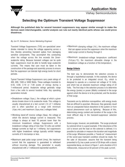 Application Note Selecting the Optimum Transient Voltage Suppressor