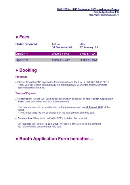 Fees Booking Booth Application Form hereafter… - M&C 2005 - CEA