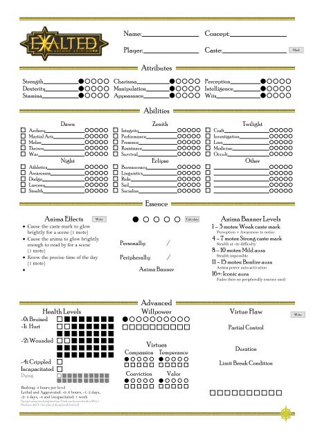 The complete character sheet - Standard - Exalted, character sheets