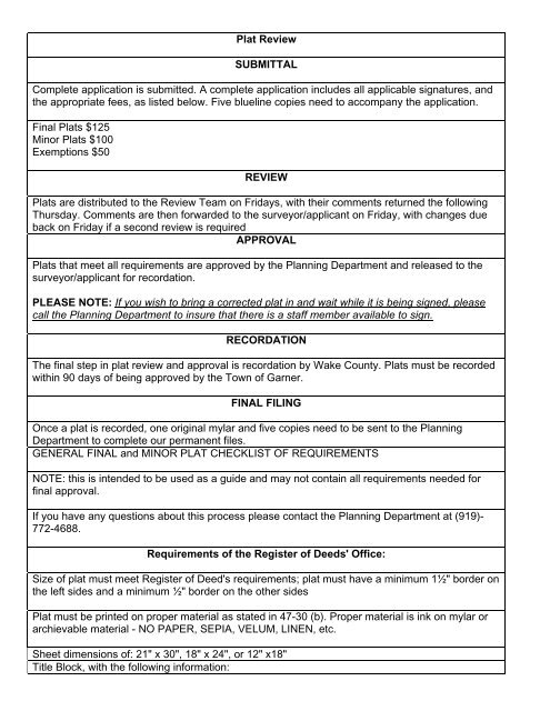 Plat Review SUBMITTAL Complete application is ... - Town of Garner