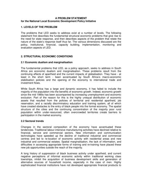 A PROBLEM STATEMENT for the National Local Economic ...