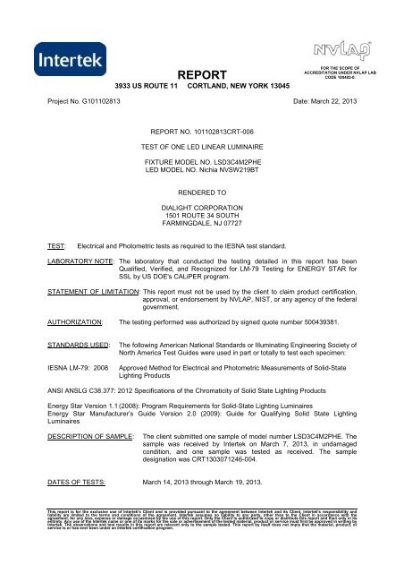 SafeSiteÂ® LED Linear LM-79 Report - LSD3C4M2PHE - Dialight