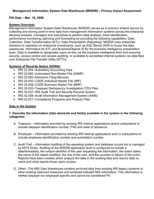 Management Information System Data Warehouse - Internal ...