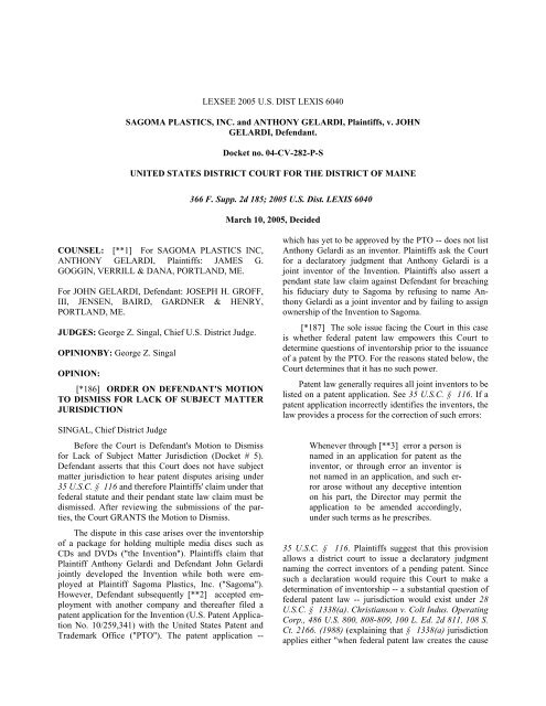 Sagoma Plastics, Inc. and Anthony Gelardi v. John - Verrill Dana