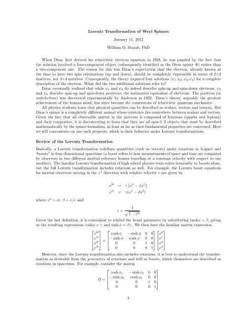 Lorentz Transformation of Weyl Spinors January 11, 2012 William O ...