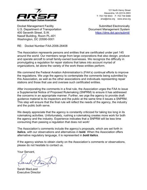 ARSA part 145 comments - Aeronautical Repair Station Association