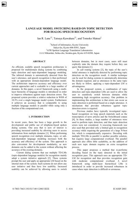language model switching based on topic detection for dialog ... language model switching based on topic detection for dialog ...