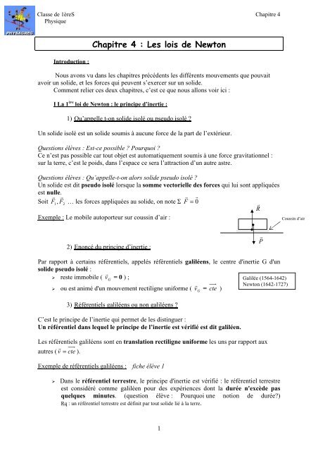 Chapitre 4 : Les lois de Newton - Physagreg