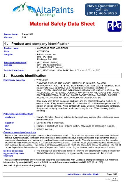Amercoat 68HS VOC Resin - MSDS - AltaPaints and Coatings