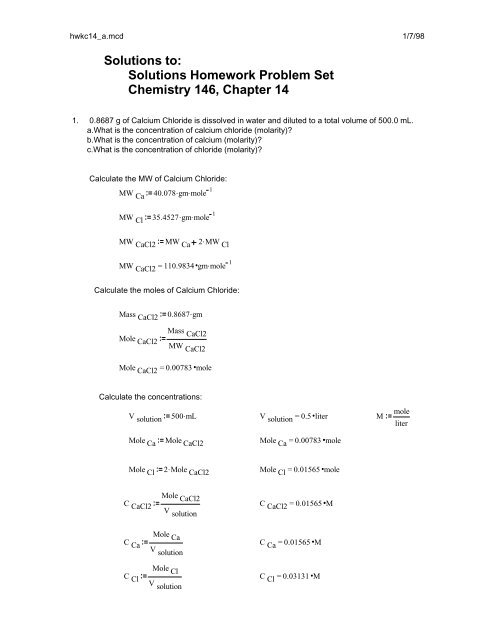 Solutions to: Solutions Homework Problem Set Chemistry 146 ...