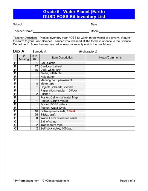Grade 5 - Water Planet (Earth) OUSD FOSS Kit Inventory List