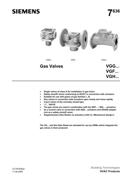 Tech Sheet for Siemens VGG, VGF & VGH Gas Valves
