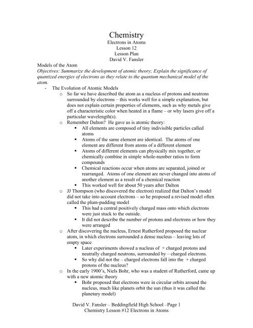 Chemistry Lesson Plans #12 - Electrons in Atoms - the Fansler's