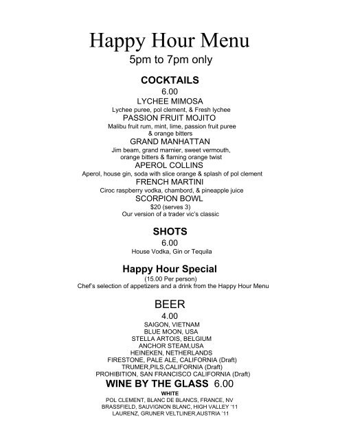 Happy Hour Menu - Le Colonial