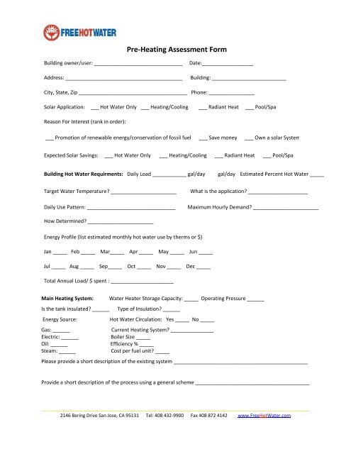 Pre-Heating Assessment Form - Free Hot Water