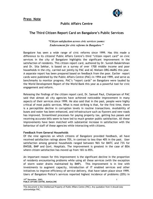 Press Note Public Affairs Centre The Third Citizen Report Card on ...