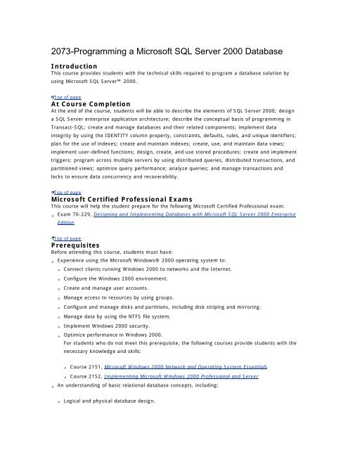 2073 Programming A Microsoft Sql Server 2000 The Projex Group 
