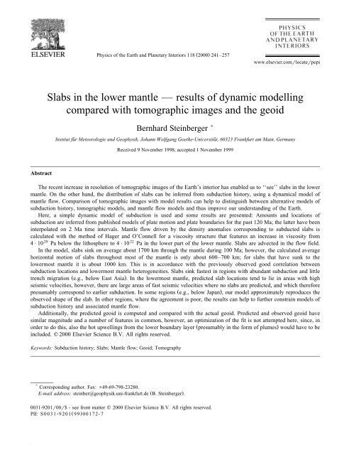 Slabs in the lower mantle — results of dynamic modelling compared ... Slabs in the lower mantle — results of dynamic modelling compared ...