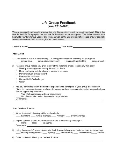 Life Group Feedback Form