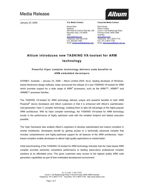 Altium introduces new TASKING VX-toolset for ARM