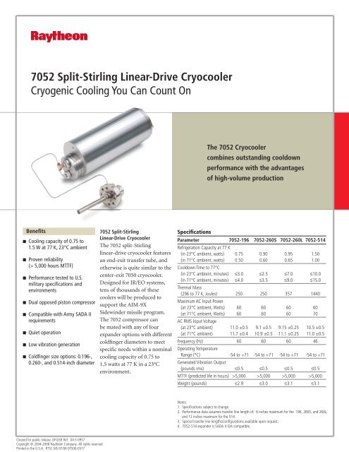 7052 Split-Stirling Linear-Drive Cryocooler Cryogenic ... - Raytheon
