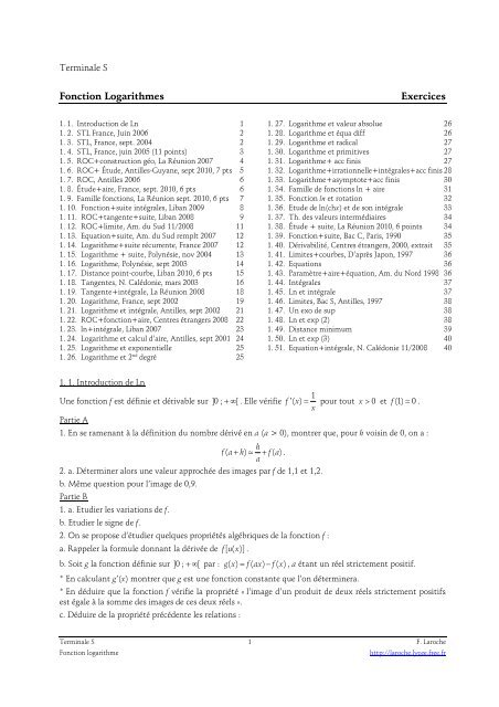 Fonction Logarithmes Exercices - Laroche - Free