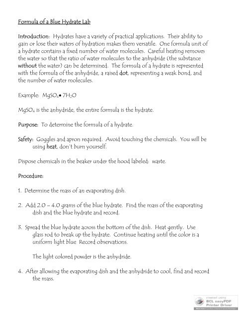 Formula of a Blue Hydrate Lab Introduction: Hydrates have a variety ...