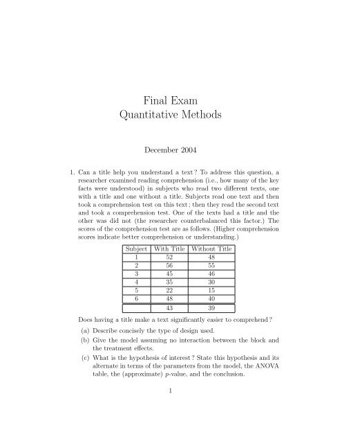 Final Exam Quantitative Methods