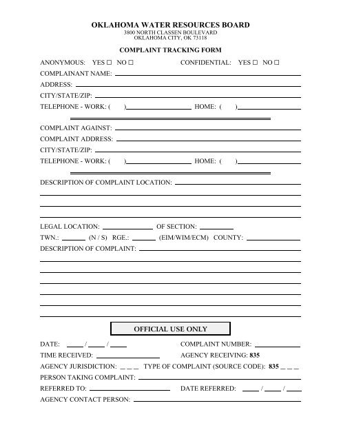 Complaint Tracking Form - Water Resources Board