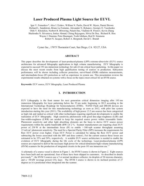 Laser Produced Plasma Light Source for EUVL - Cymer