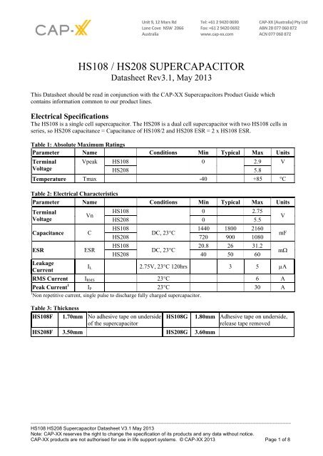 HS108 & HS208 Datasheet v3.1 - Cap-XX