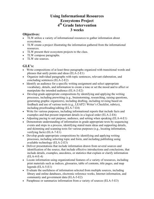 Using Informational Resources Ecosystems Project 4th Grade
