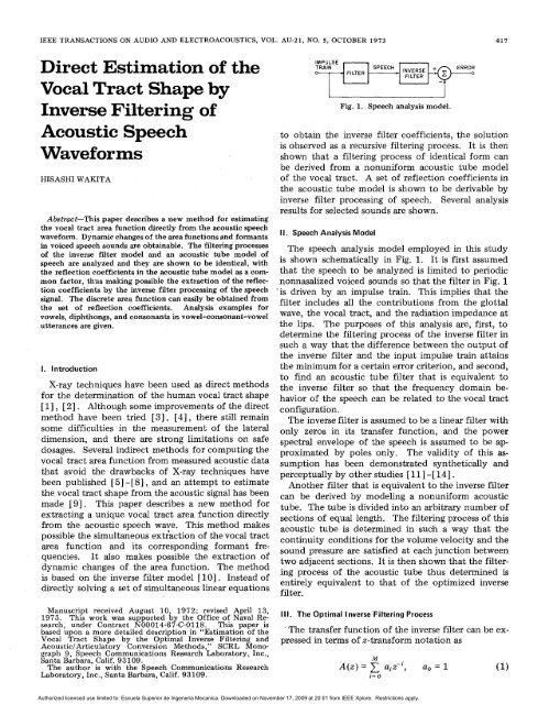 Direct Estimation Of The Vocal Tract Shape By Inverse Filtering Of