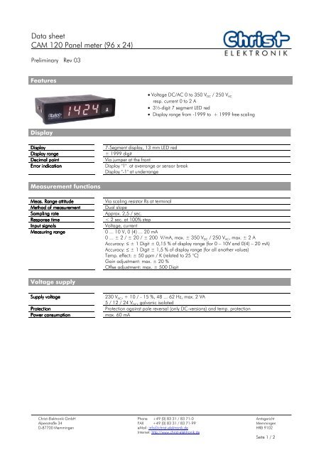 Data sheet CAM 120 Panel meter (96 x 24) - HSD Instruments