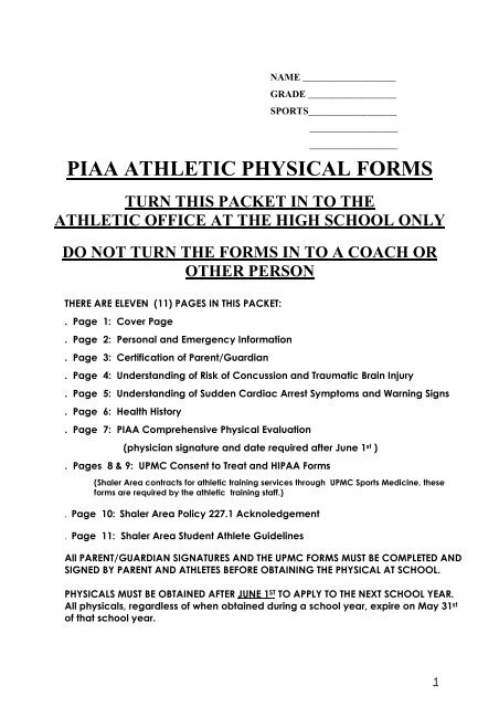 PIAA ATHLETIC PHYSICAL FORMS - Shaler Area School District