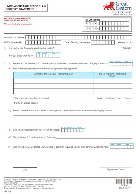 living assurance / epcc claim doctor's statement - Great Eastern Life